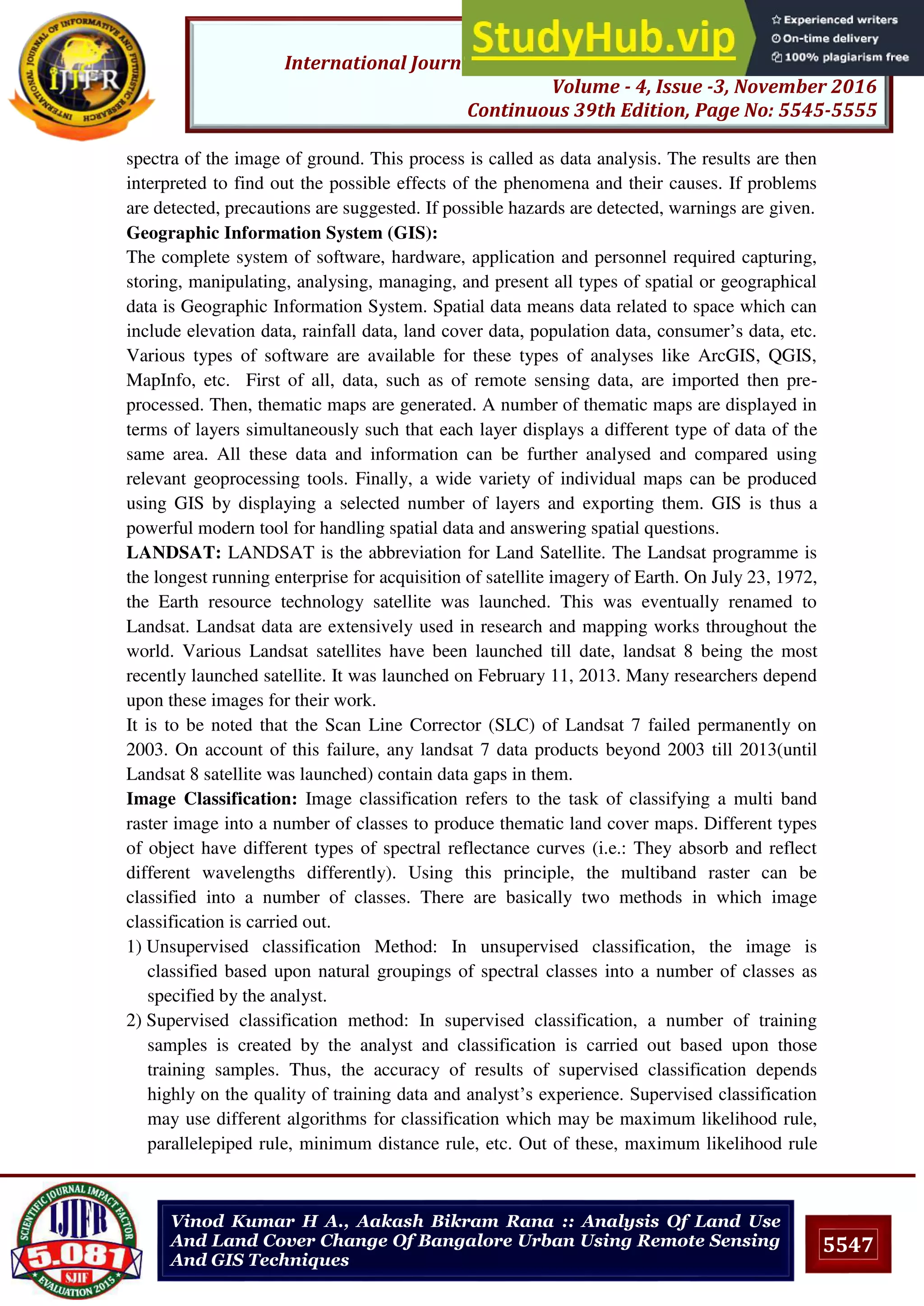 ANALYSIS OF LAND USE AND LAND COVER CHANGE OF BANGALORE URBAN USING REMOTE SENSING AND GIS ...