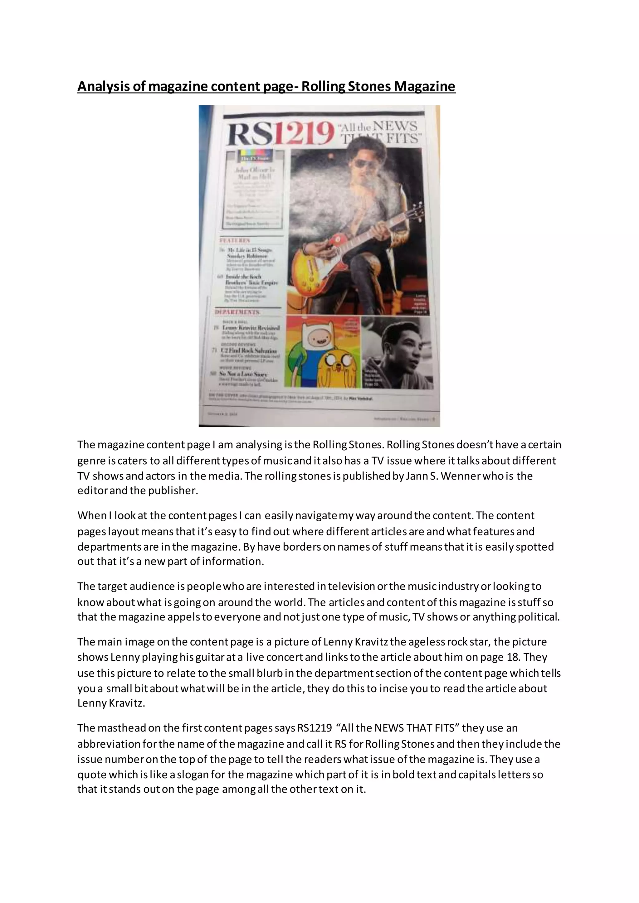 Analysis of magazine content page rolling stones | DOCX