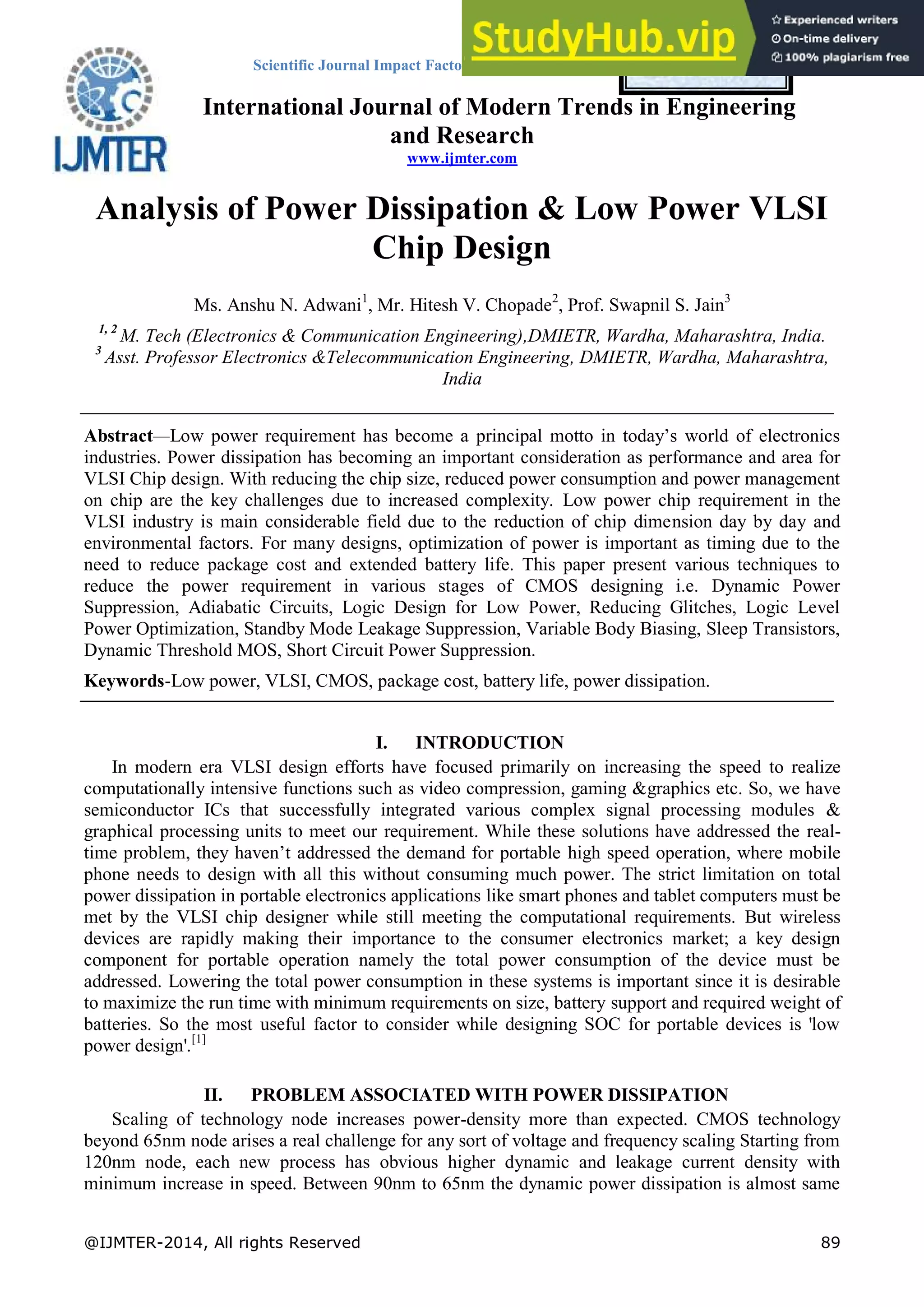 Analysis Of Power Dissipation Amp Low Power VLSI Chip Design | PDF