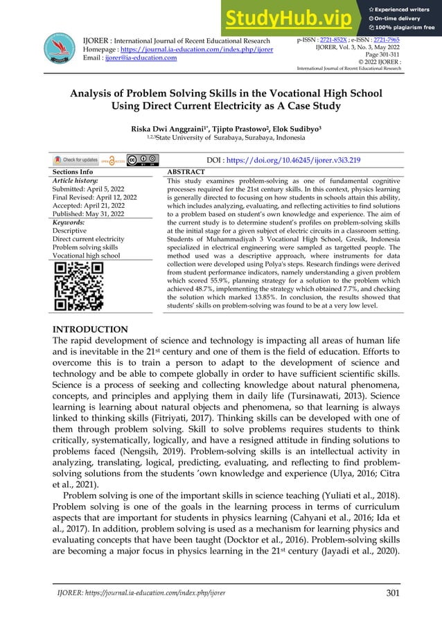 Analysis of Problem Solving Skills in the Vocational High School Using Direct Current ...