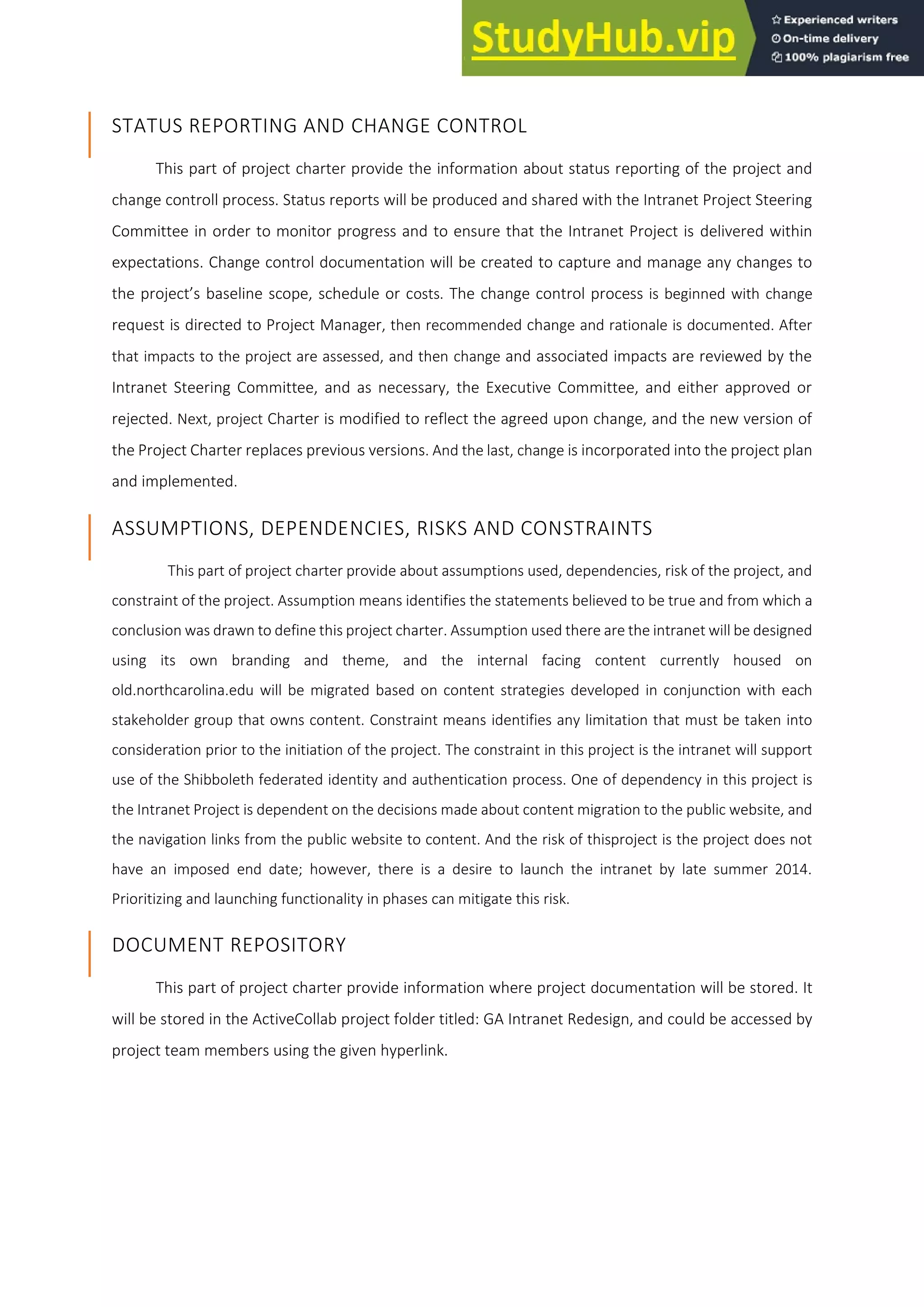 ANALYSIS OF PROJECT CHARTER PROJECT MANAGEMENT ANALYSIS OF PROJECT ...