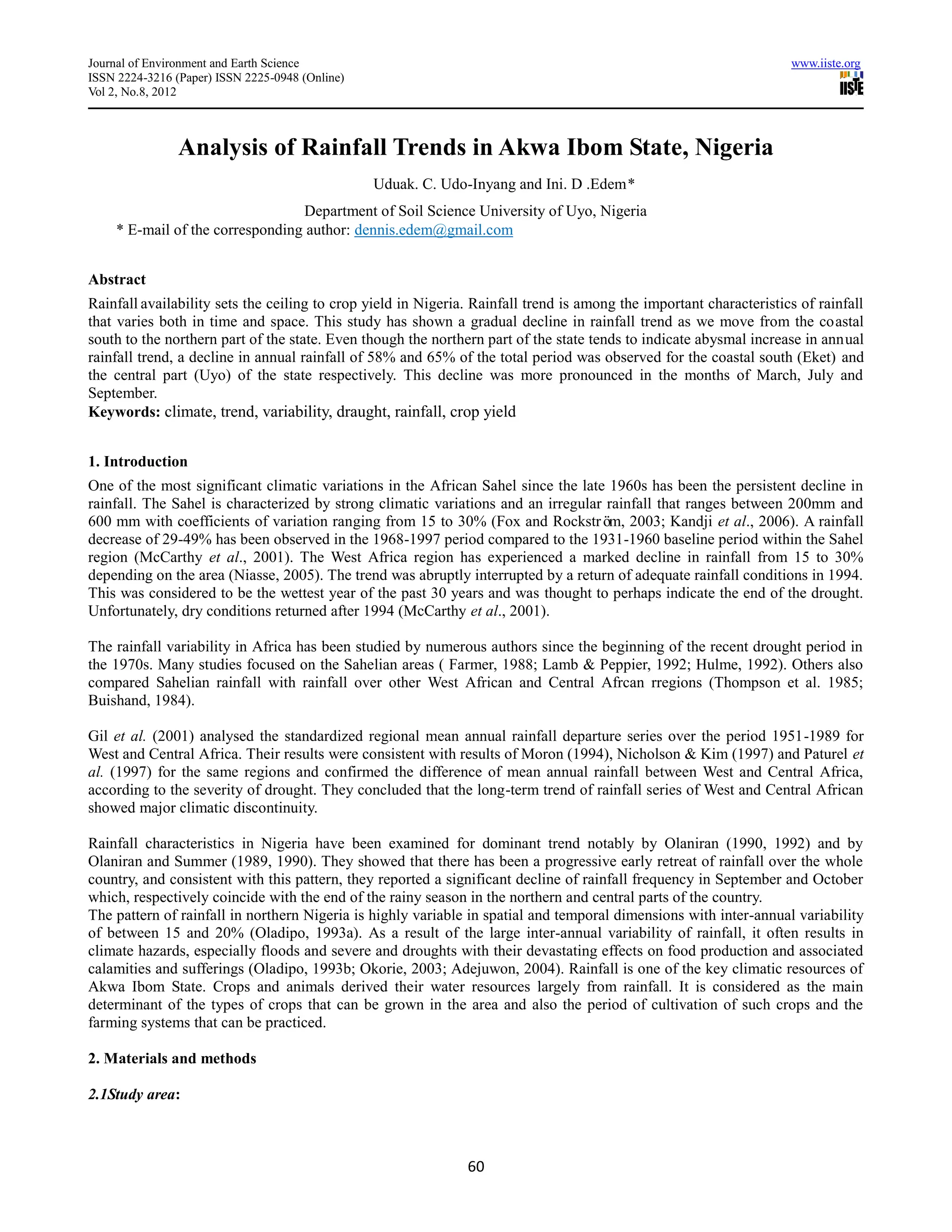 Analysis of rainfall trends in akwa ibom state, nigeria | PDF