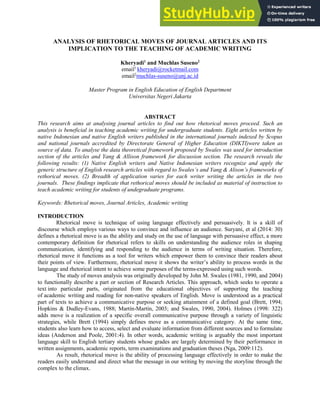 ANALYSIS OF RHETORICAL MOVES OF JOURNAL ARTICLES AND ITS IMPLICATION TO ...
