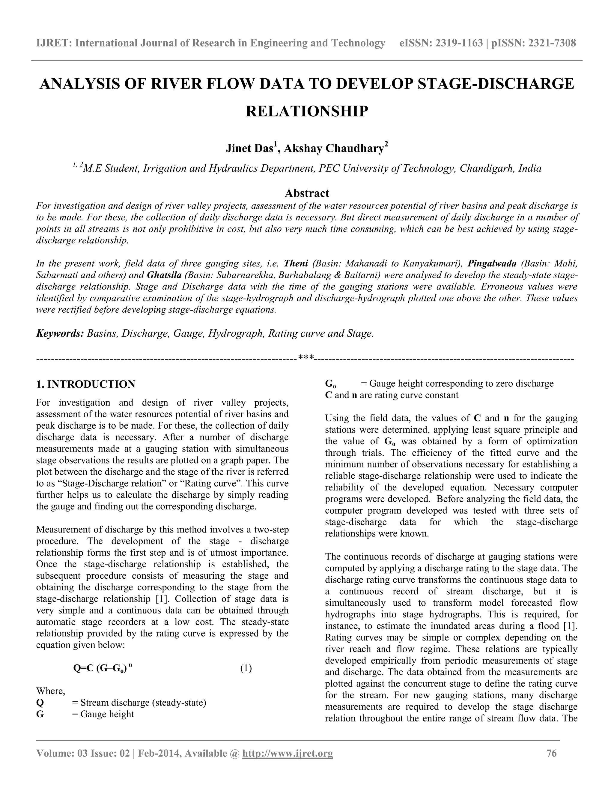 Analysis of river flow data to develop stage discharge relationship | PDF