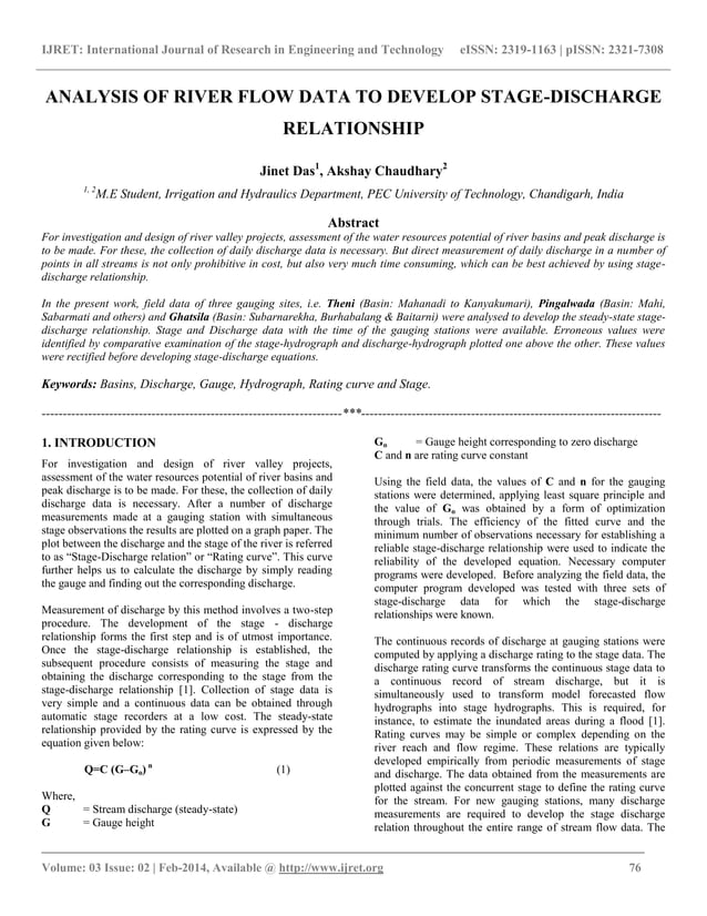 Analysis of river flow data to develop stage discharge relationship | PDF