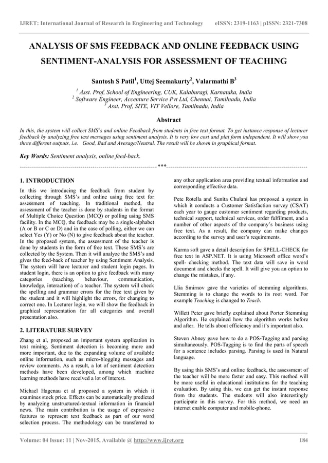 Analysis of sms feedback and online feedback using sentiment analysis ...