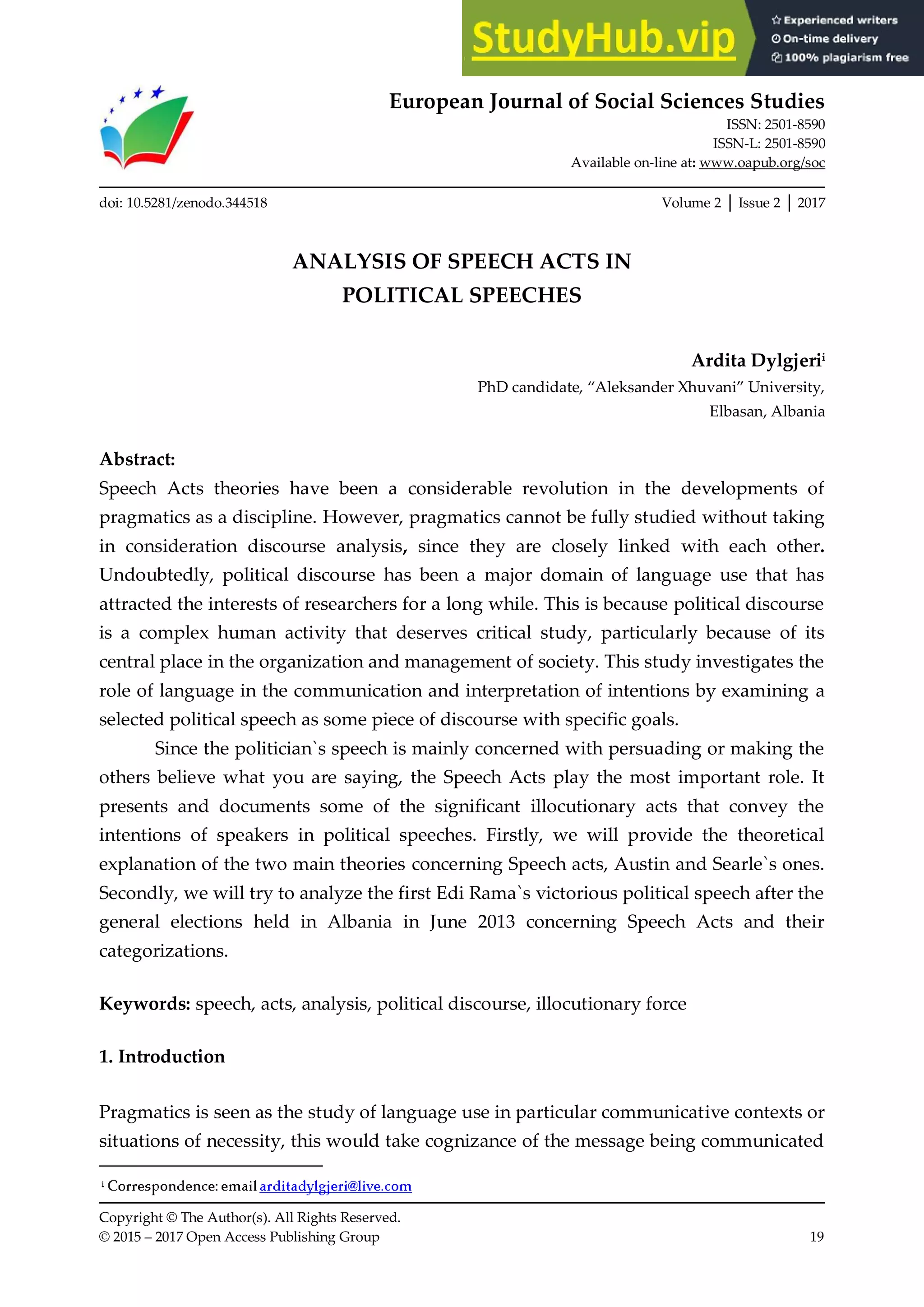 ANALYSIS OF SPEECH ACTS IN POLITICAL SPEECHES | PDF