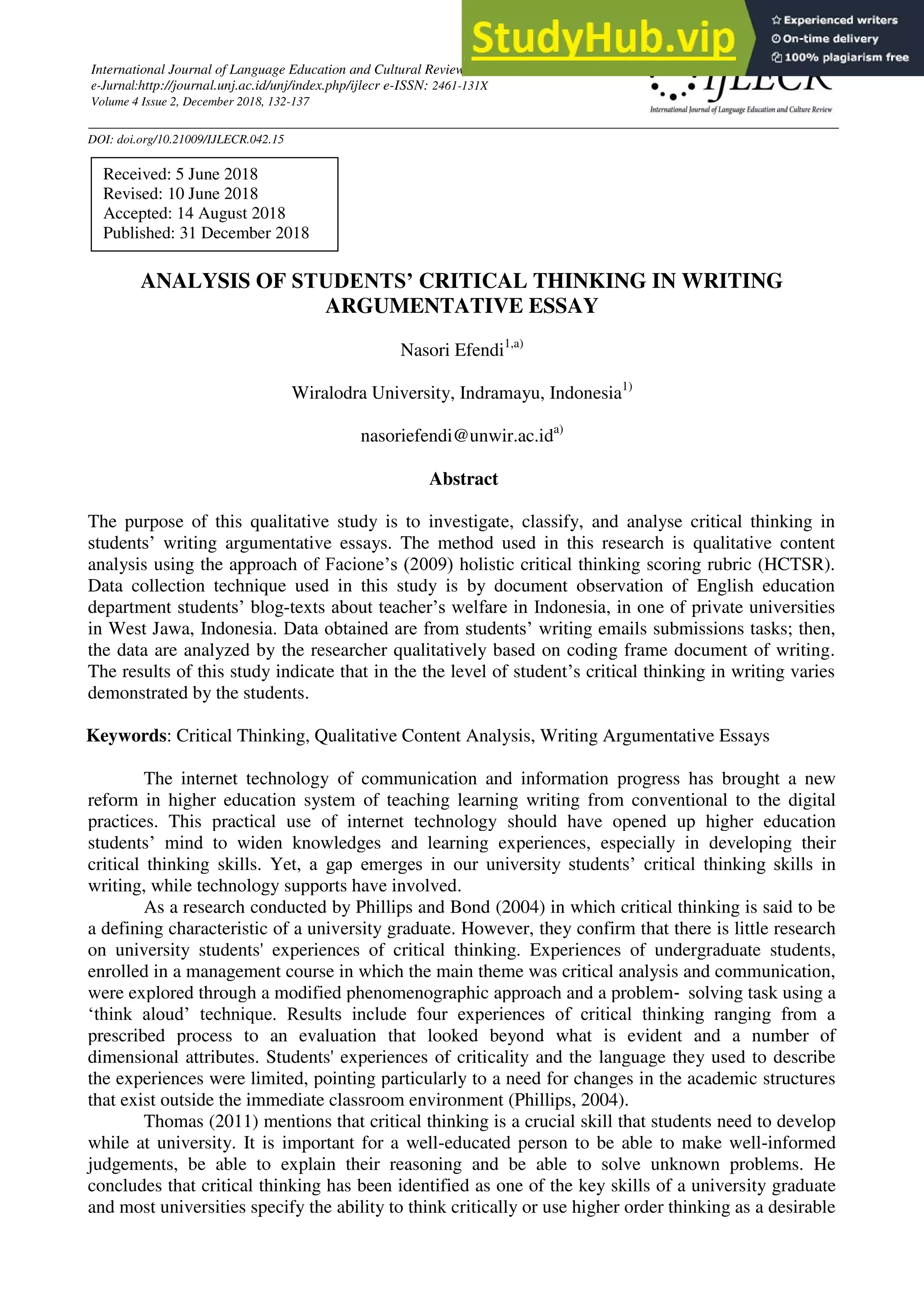 Analysis Of Student S Critical Thinking In Writing Argumentative Essays ...