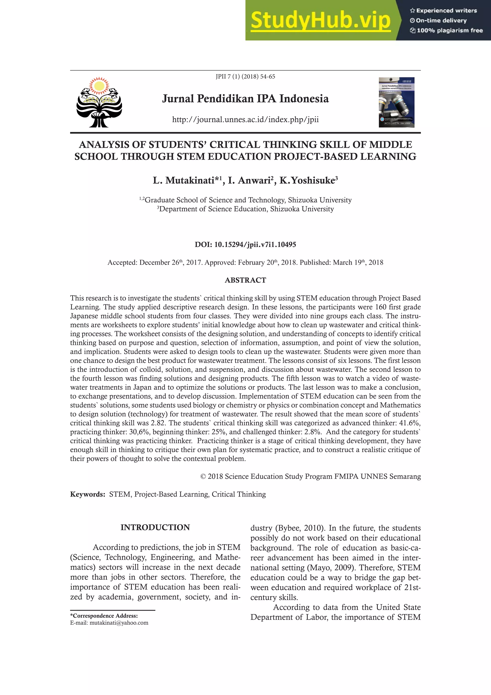 Analysis Of Students Critical Thinking Skill Of Middle School Through STEM Education Project ...