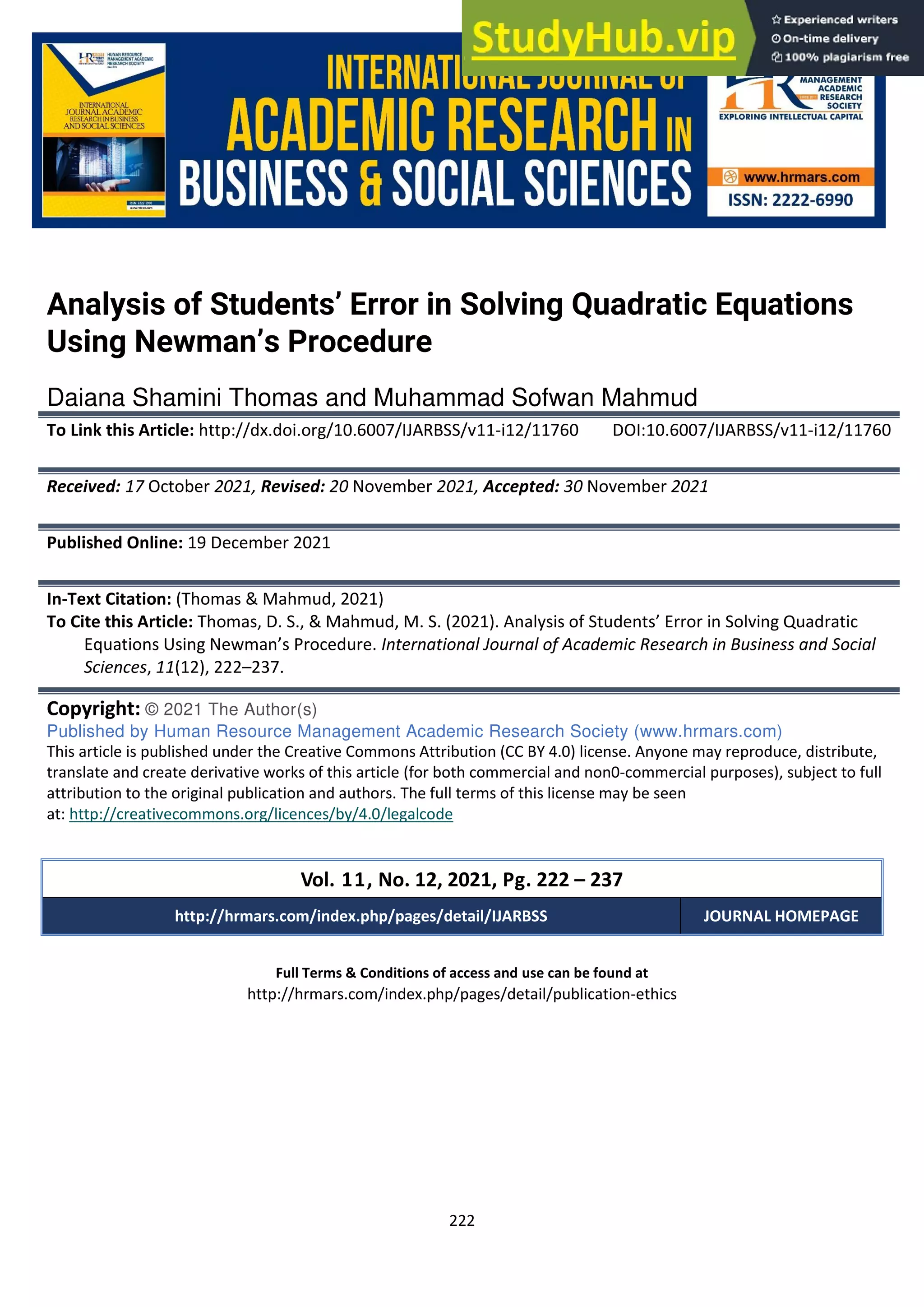 Analysis of Students Error in Solving Quadratic Equations Using Newman ...
