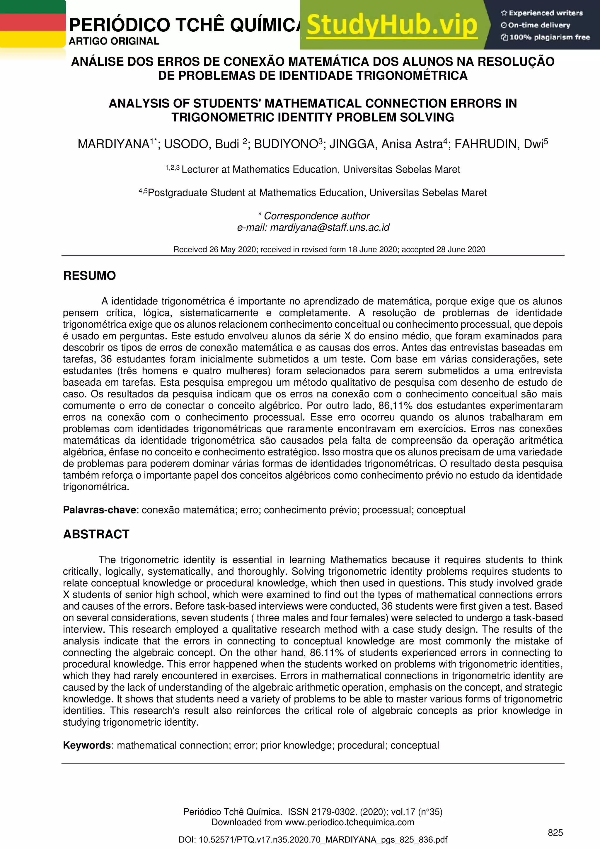 Analysis Of Students Mathematical Connection Errors In Trigonometric Identity Problem Solving | PDF