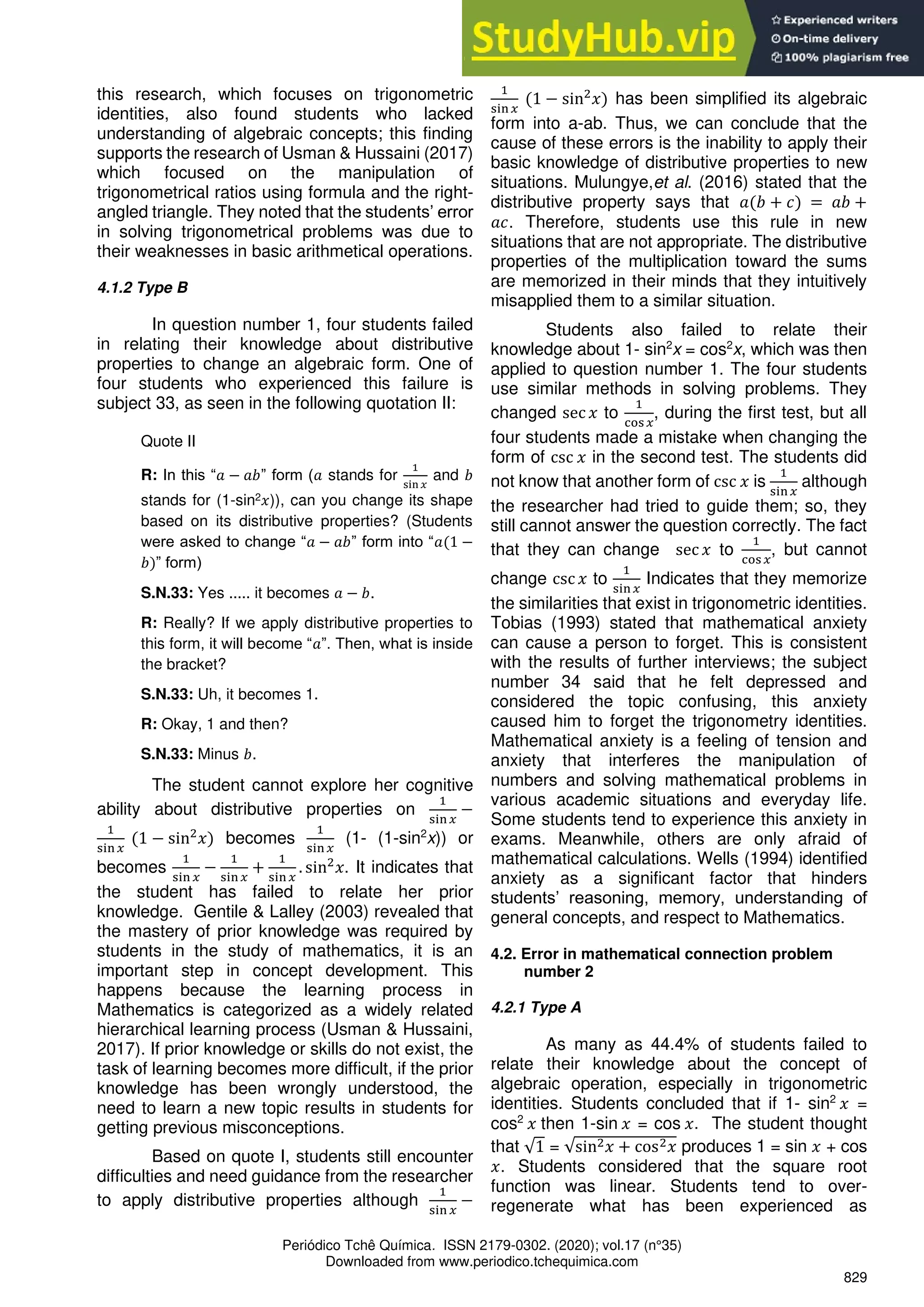 Analysis Of Students Mathematical Connection Errors In Trigonometric Identity Problem Solving | PDF