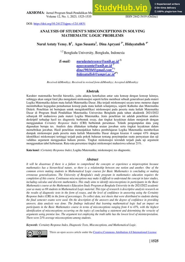 Analysis Of Student S Misconceptions In Solving Mathematic Logic Problems | PDF