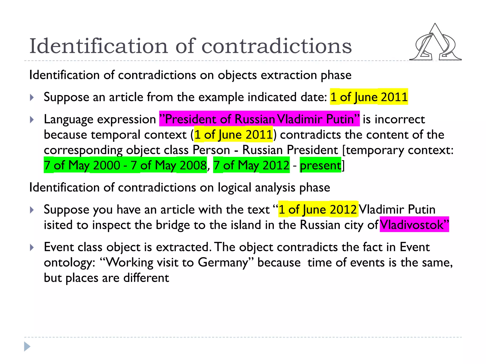 Analysis of texts to logical contradictions | PPT