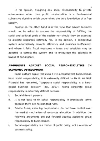 Analysis of the arguments for and against corporate social r | DOC