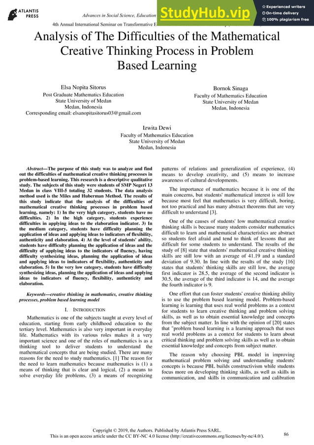 Analysis Of The Difficulties Of The Mathematical Creative Thinking Process In Problem Based ...