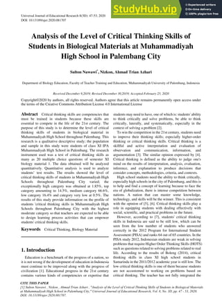 Analysis Of The Level Of Critical Thinking Skills Of Students In ...