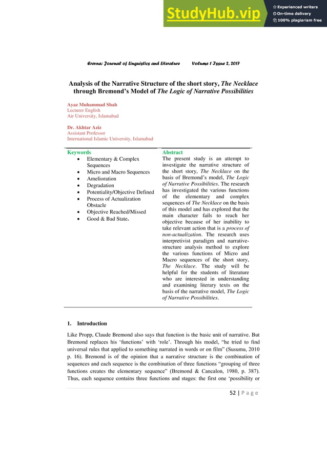 Analysis Of The Narrative Structure Of The Short Story, The Necklace ...