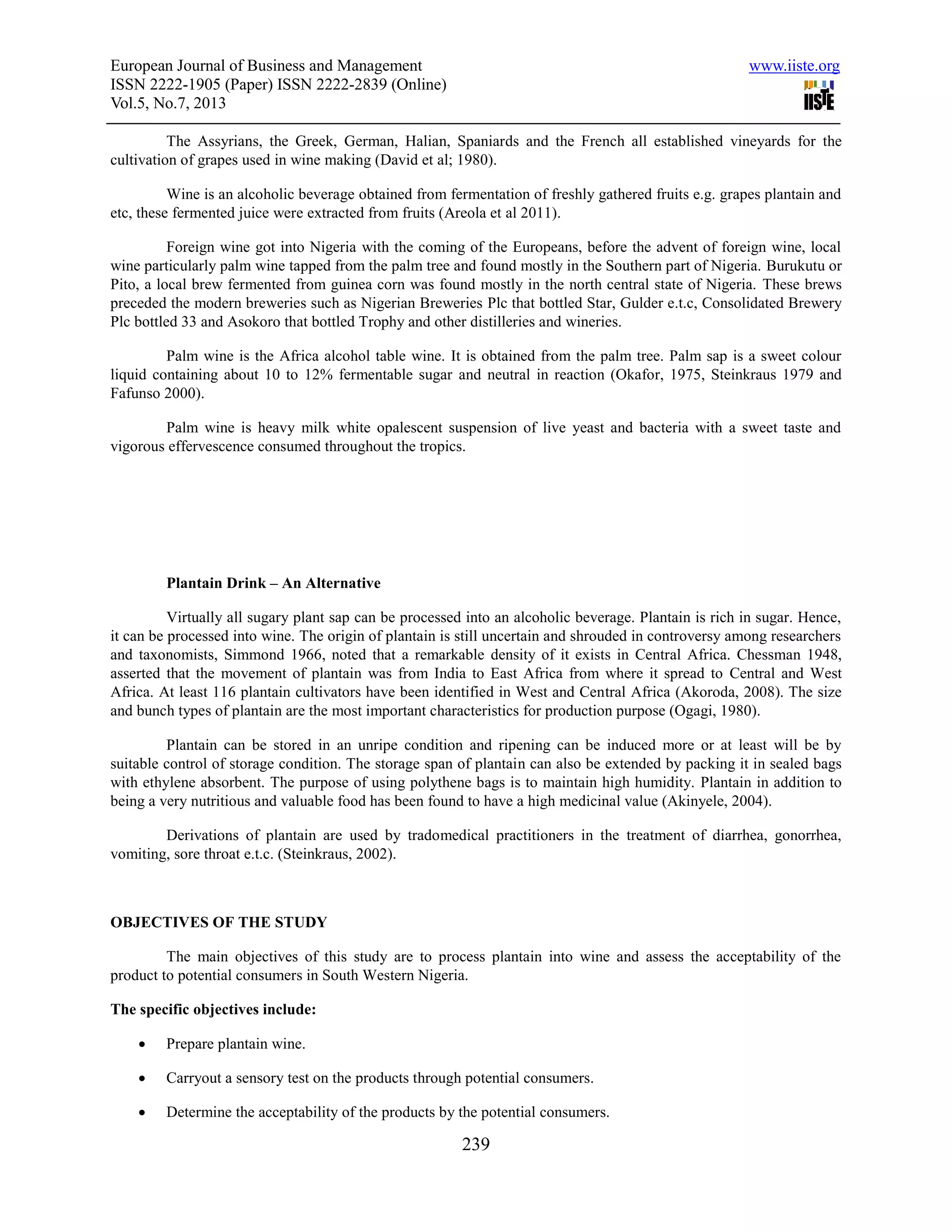 Analysis of the sensory attributes of plantain wine ok(areola) | PDF