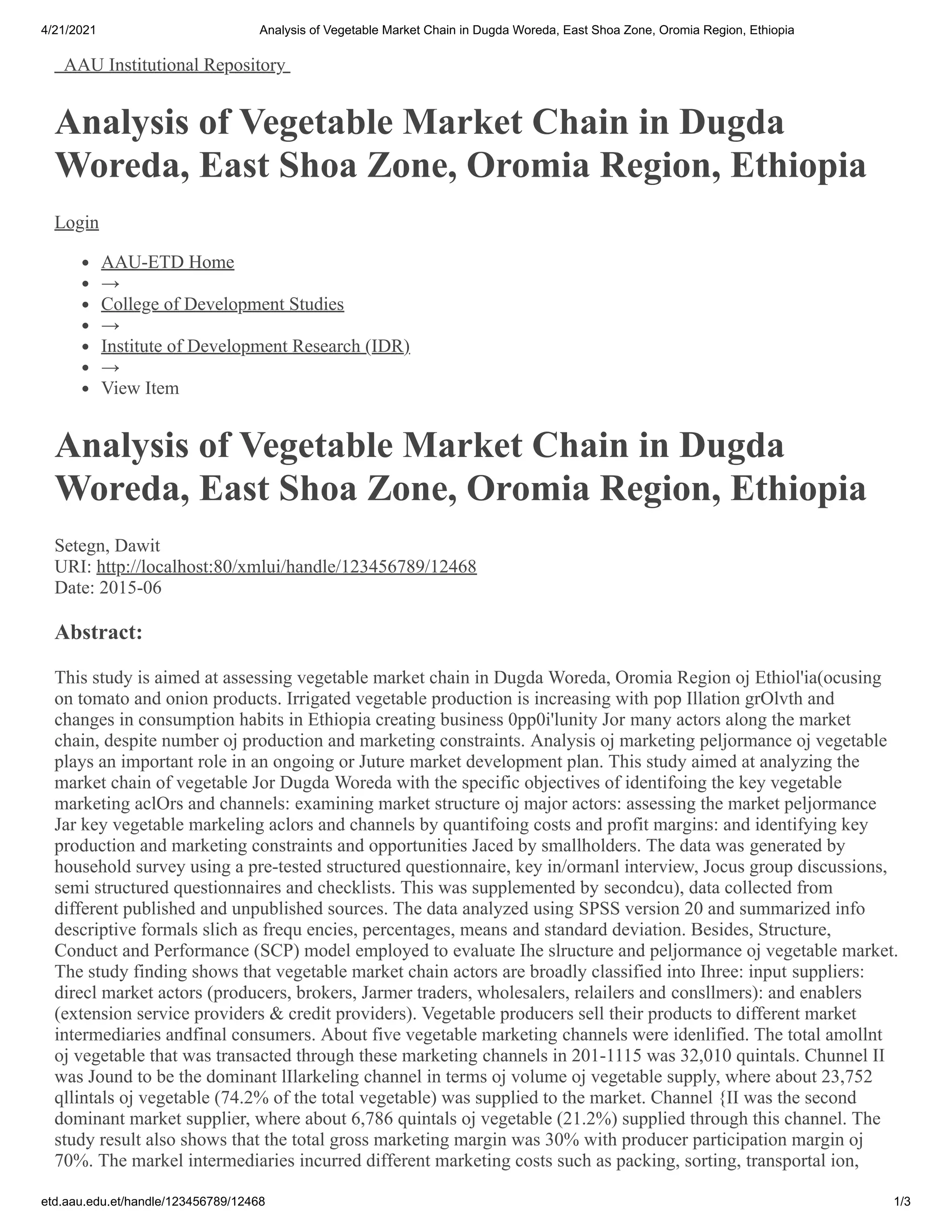 Analysis of vegetable market chain in dugda woreda, east shoa zone ...