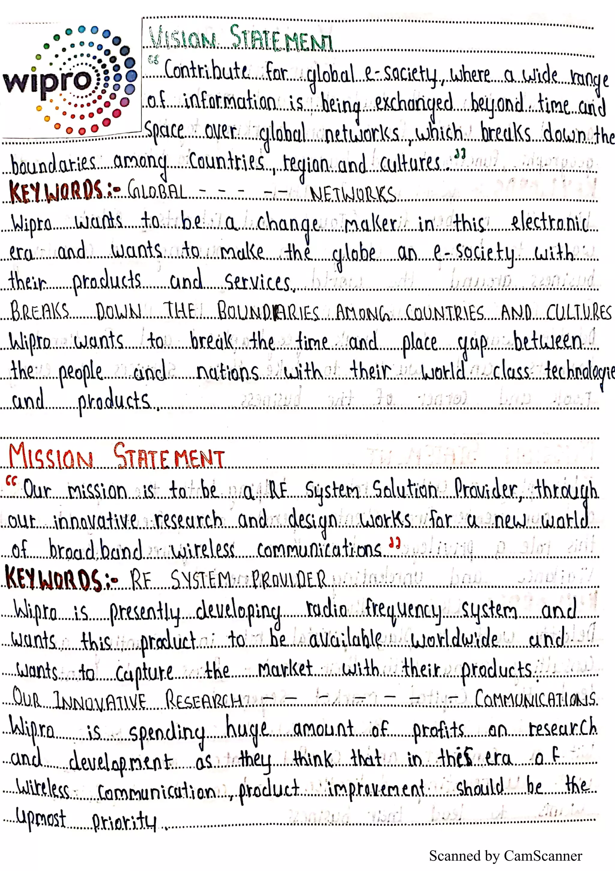 Analysis of vision and mission statement of ITC, Wipro, Deloitte ...