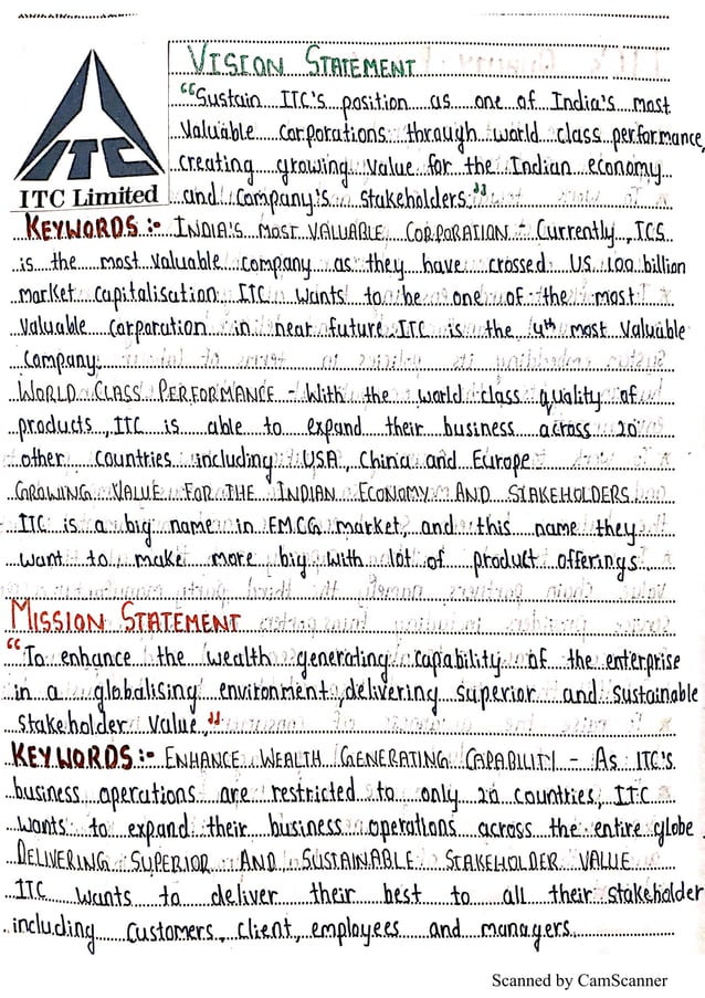 Analysis of vision and mission statement of ITC, Wipro, Deloitte, Infosys, Hero Motocorp | PDF