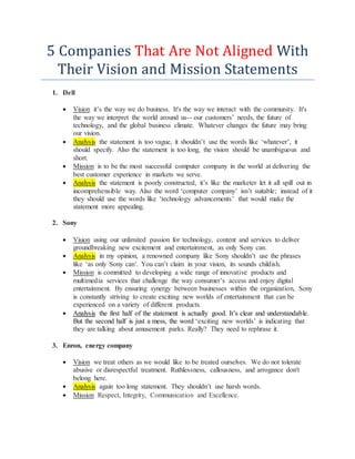 Analysis of Vision and Mission Statements of Companies | DOCX