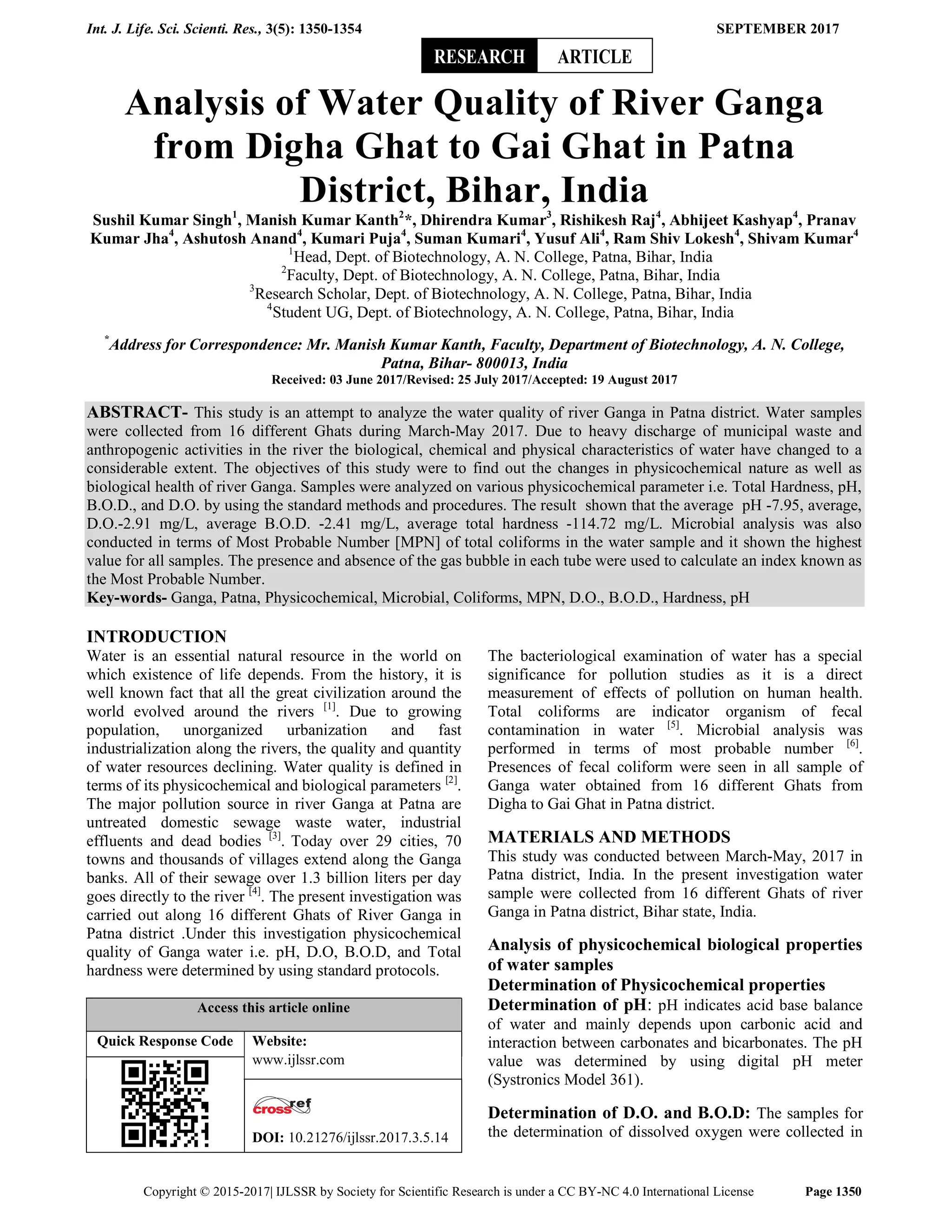 Analysis of Water Quality of River Ganga from Digha Ghat to Gai Ghat in ...