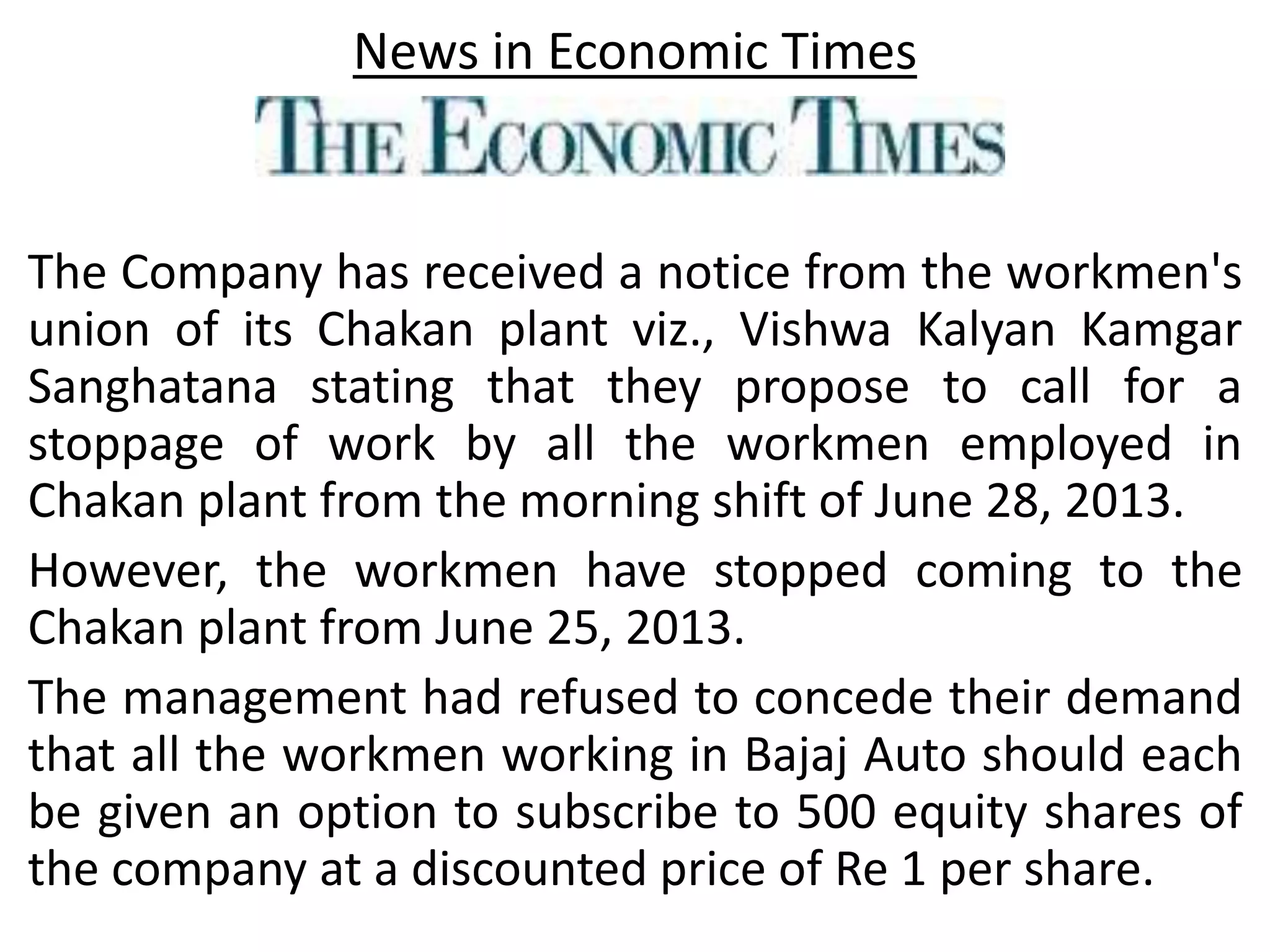 Analysis on bajaj auto strike chakkan plant 2013 | PPTX