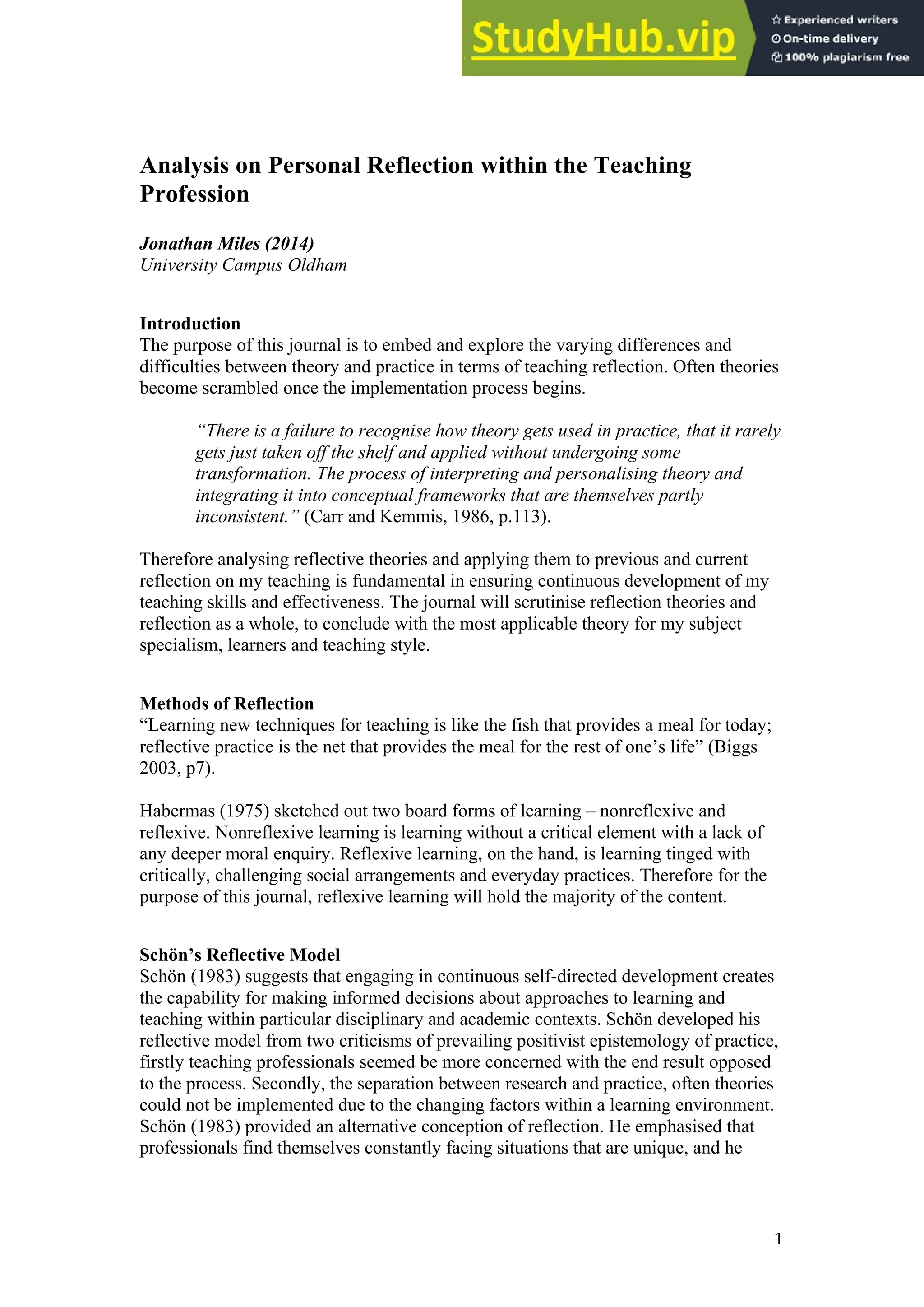 Analysis On Personal Reflection Within The Teaching Profession | PDF