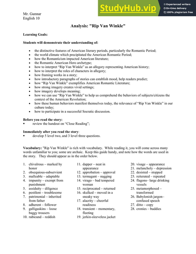 Analysis Quot Rip Van Winkle Quot | PDF | Books and Literature