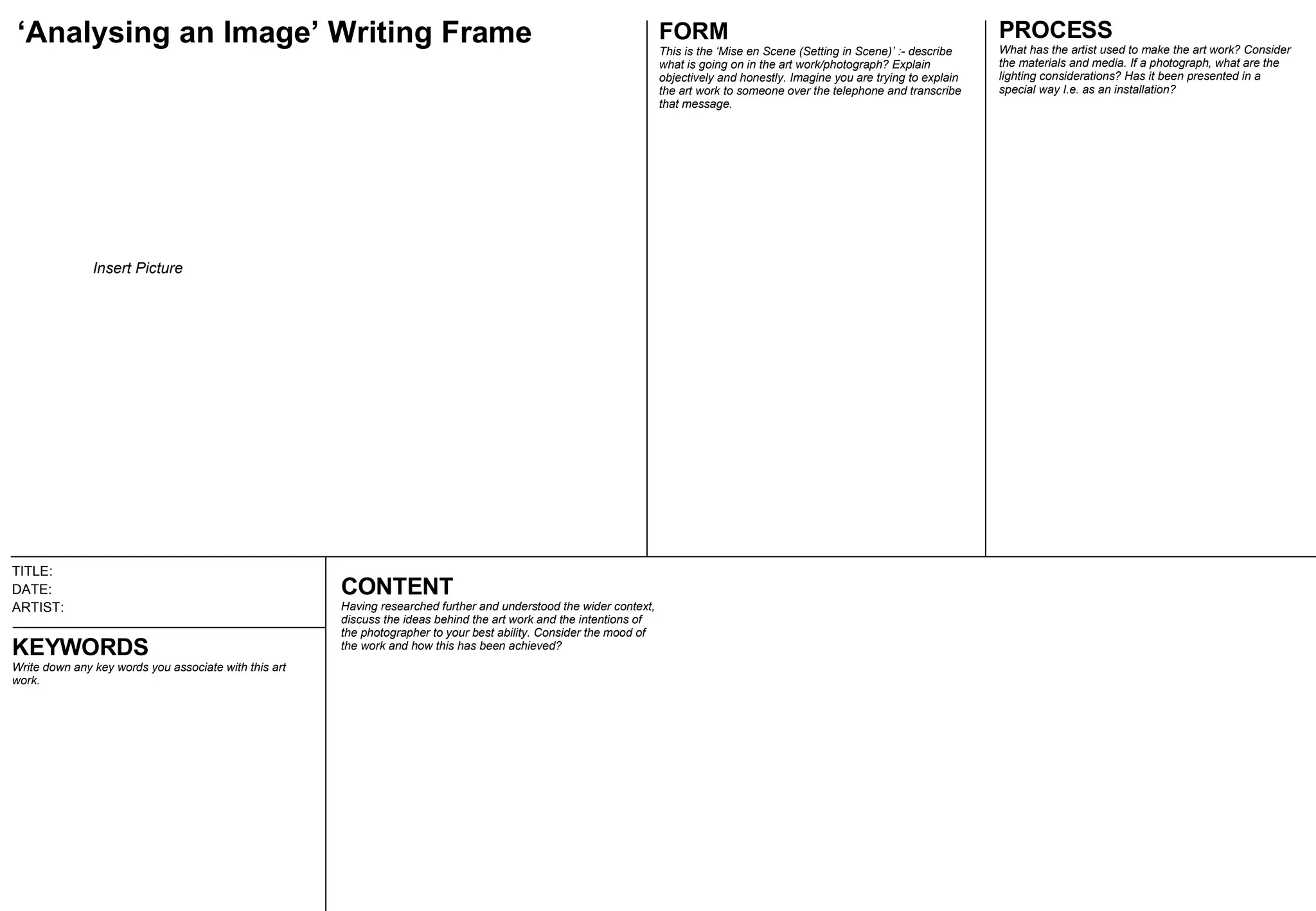 Photography Analysis Support Sheet | PPT