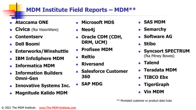 Analyst field reports on top 15 MDM solutions - Aaron Zornes (NYC 2021) | PPT
