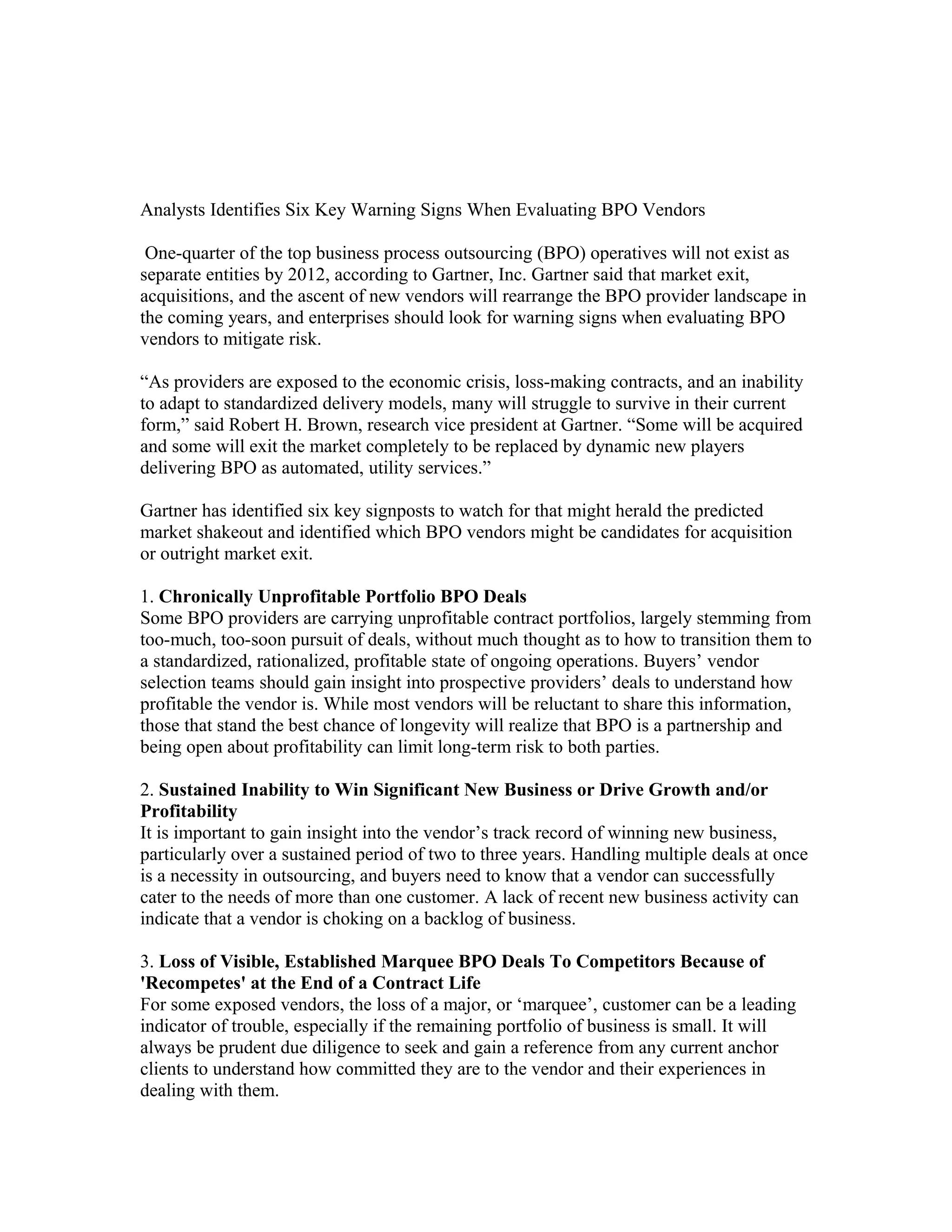 Analysts identifies six key warning signs when evaluating bpo vendors | DOC