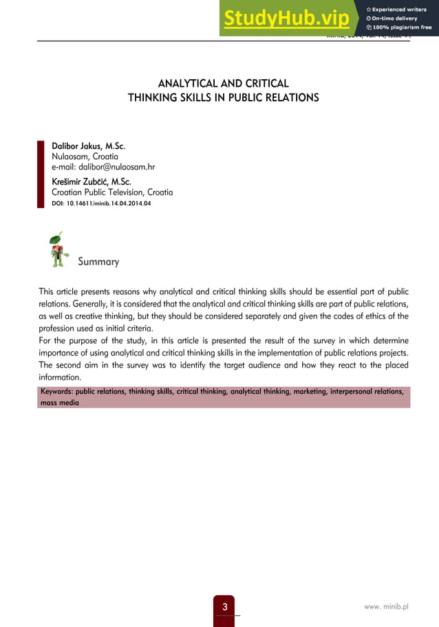 Analytical And Critical Thinking Skills In Public Relations | PDF