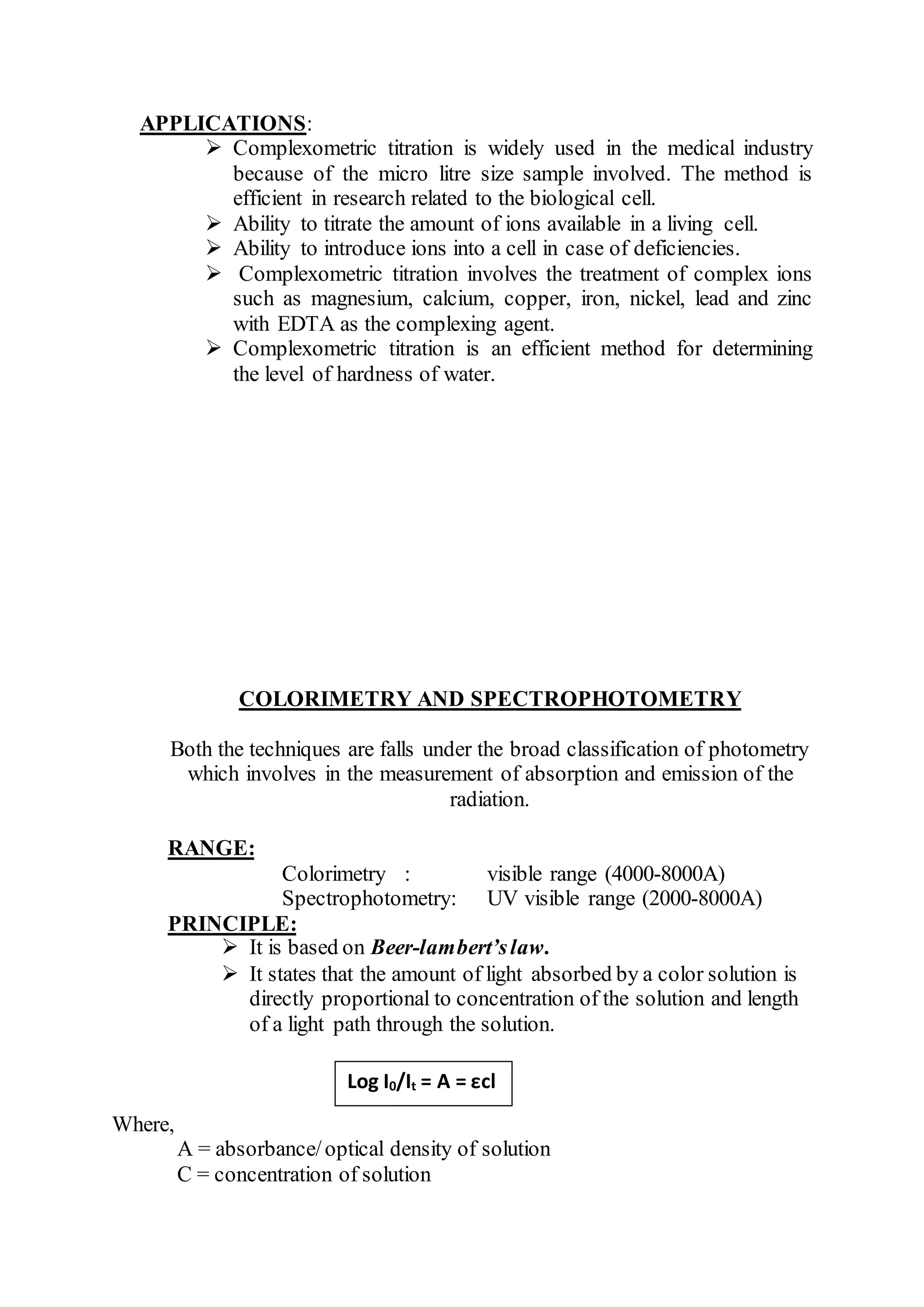 complexometric titration , colorimetry and spectrophotometry | DOCX