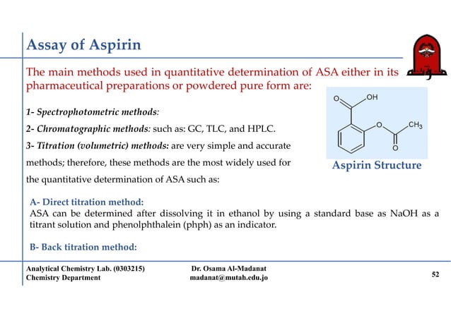 Analytical Chemistry Lab_Exp 6_aspirin analysis | PPT