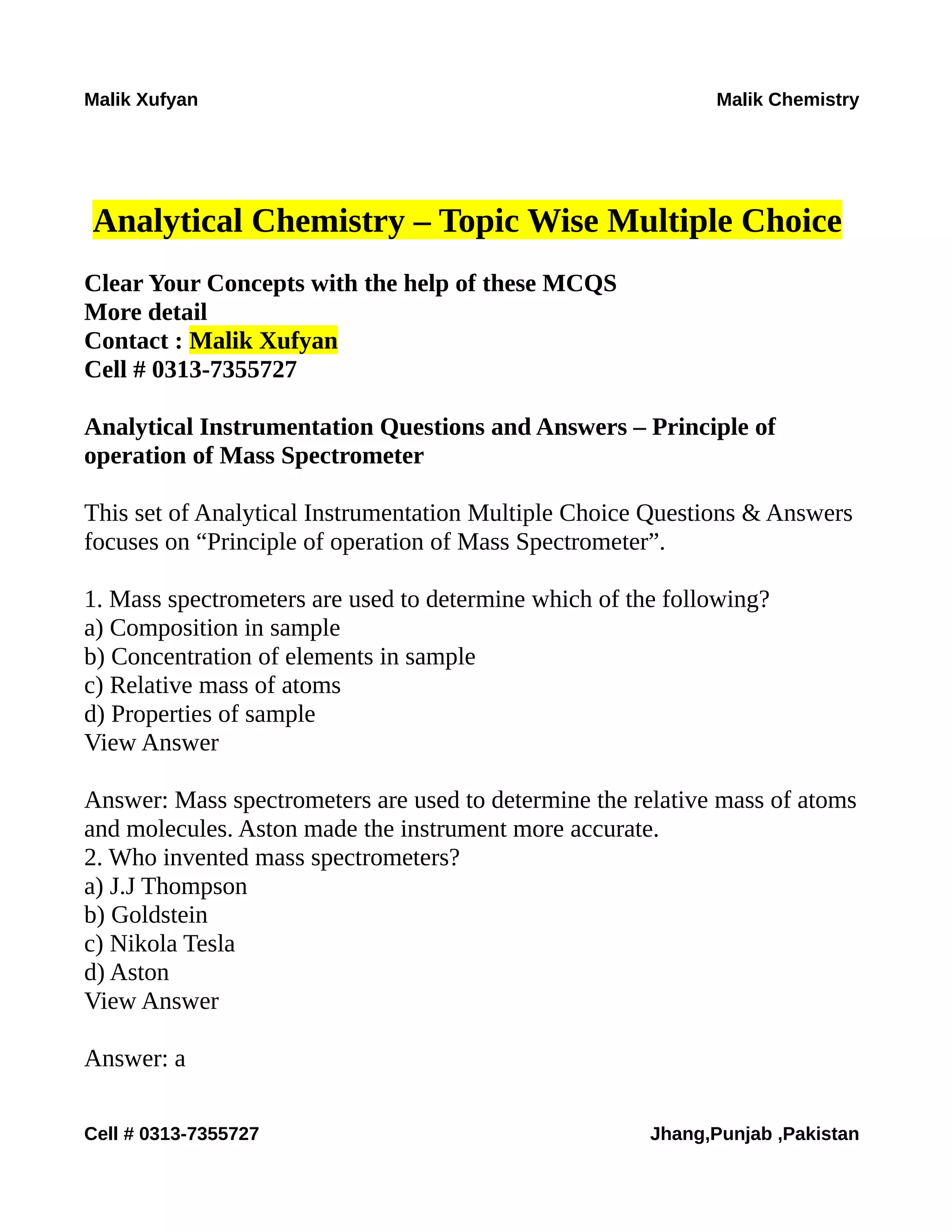Analytical Chemistry - Topic Wise Multiple Choice By Malik Xufyan | PDF