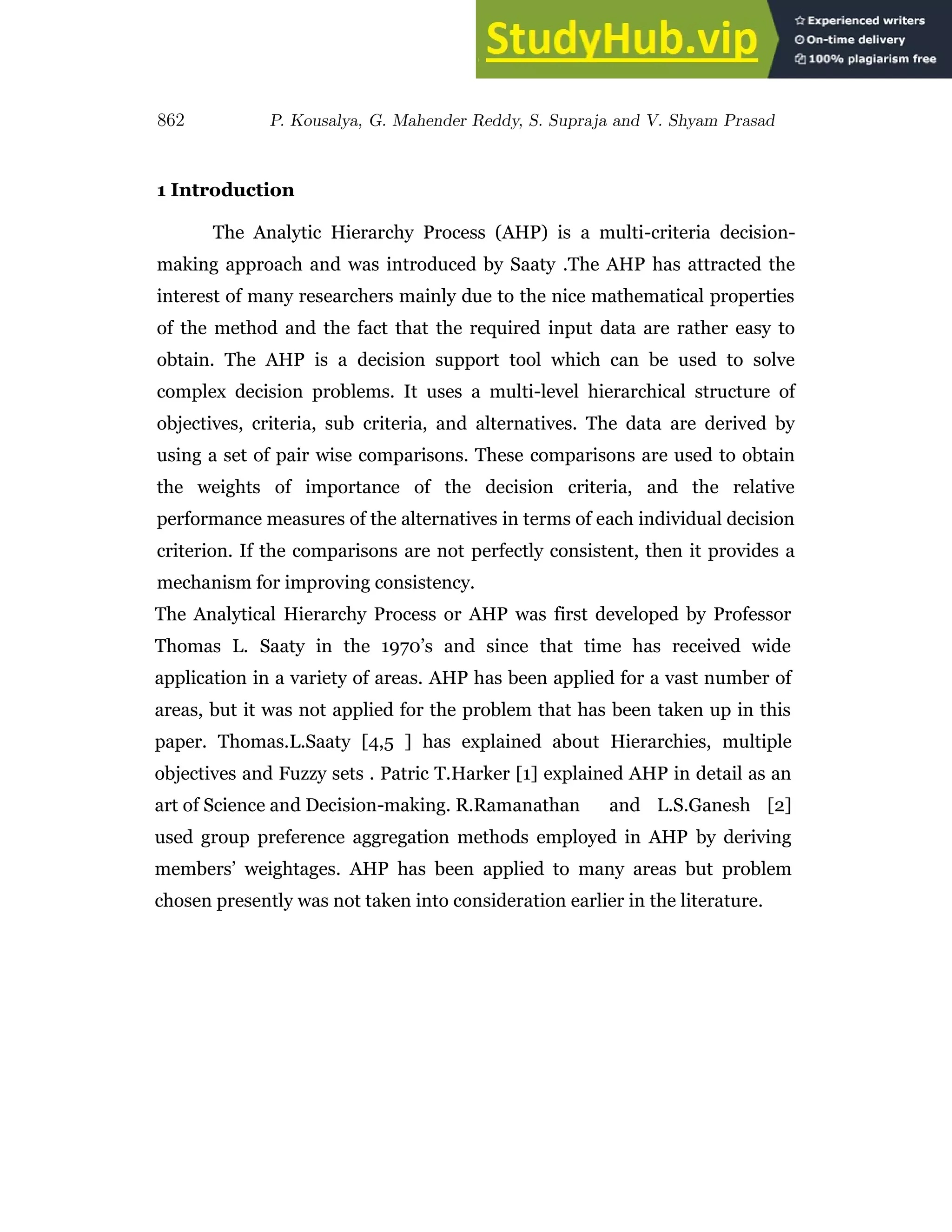 Analytical Hierarchy Process Approach An Application Of Engineering