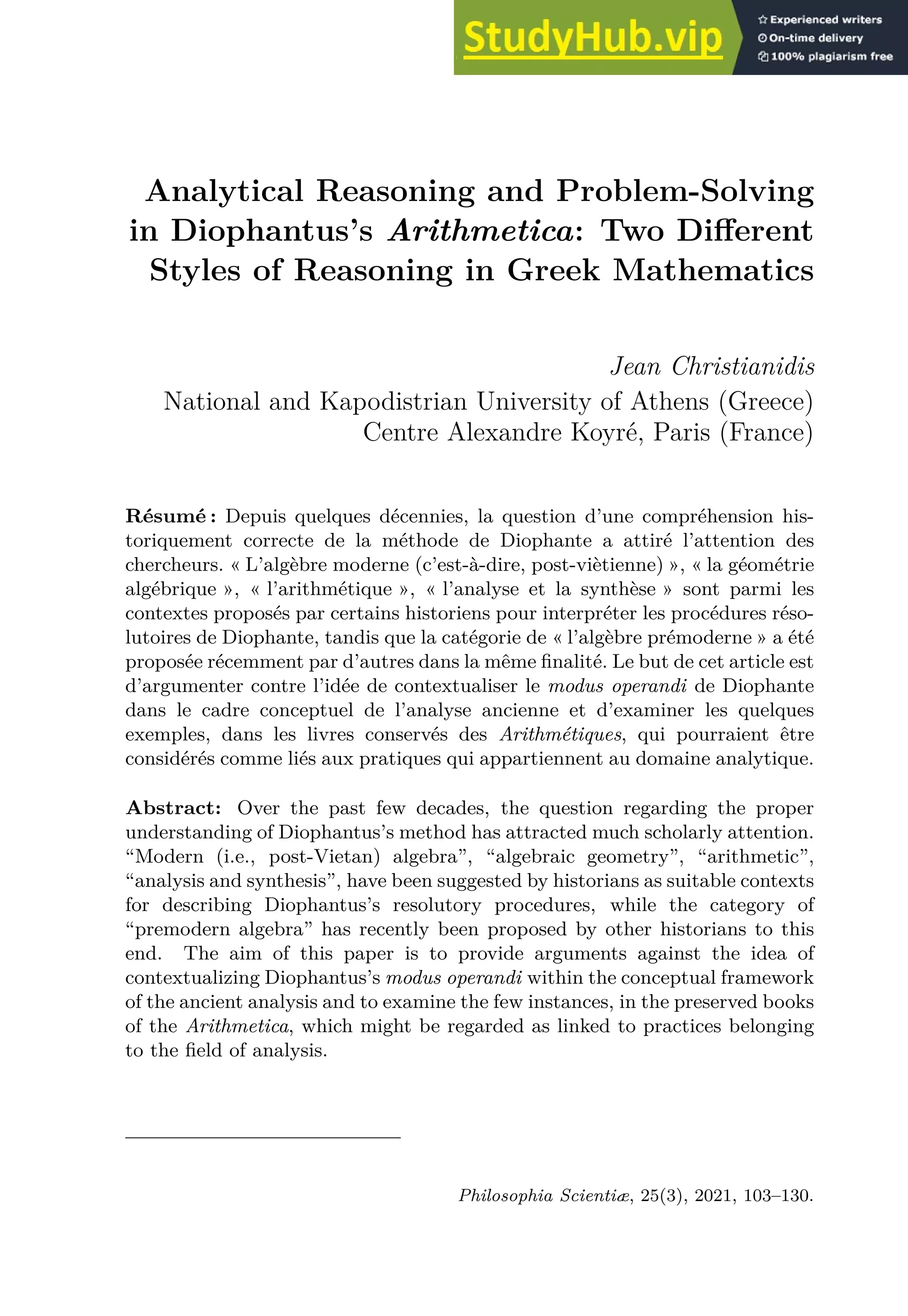 Analytical Reasoning and Problem-Solving in Diophantus s Arithmetica ...