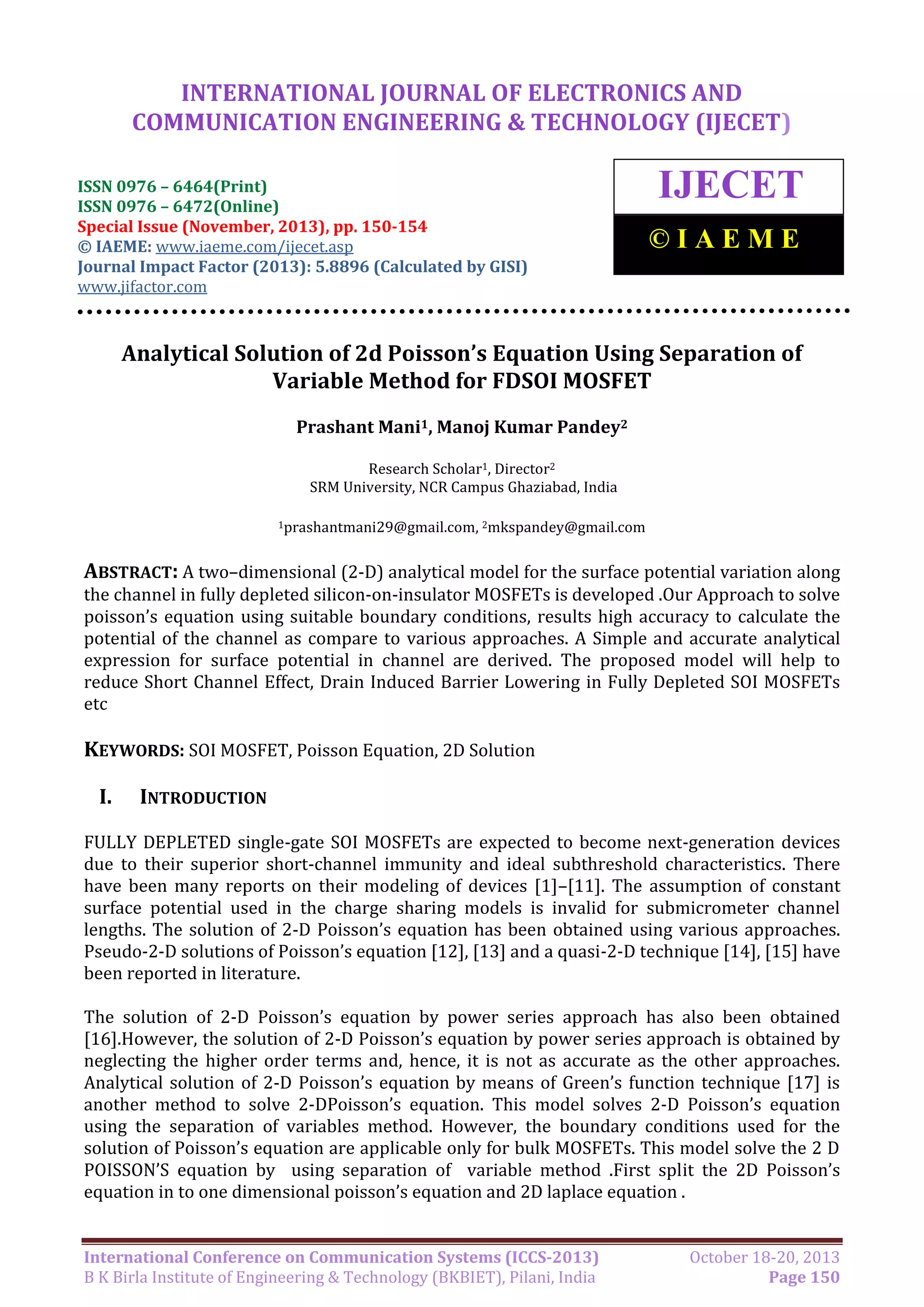 Analytical solution of 2d poisson’s equation using separation of variable method for fdsoi ...