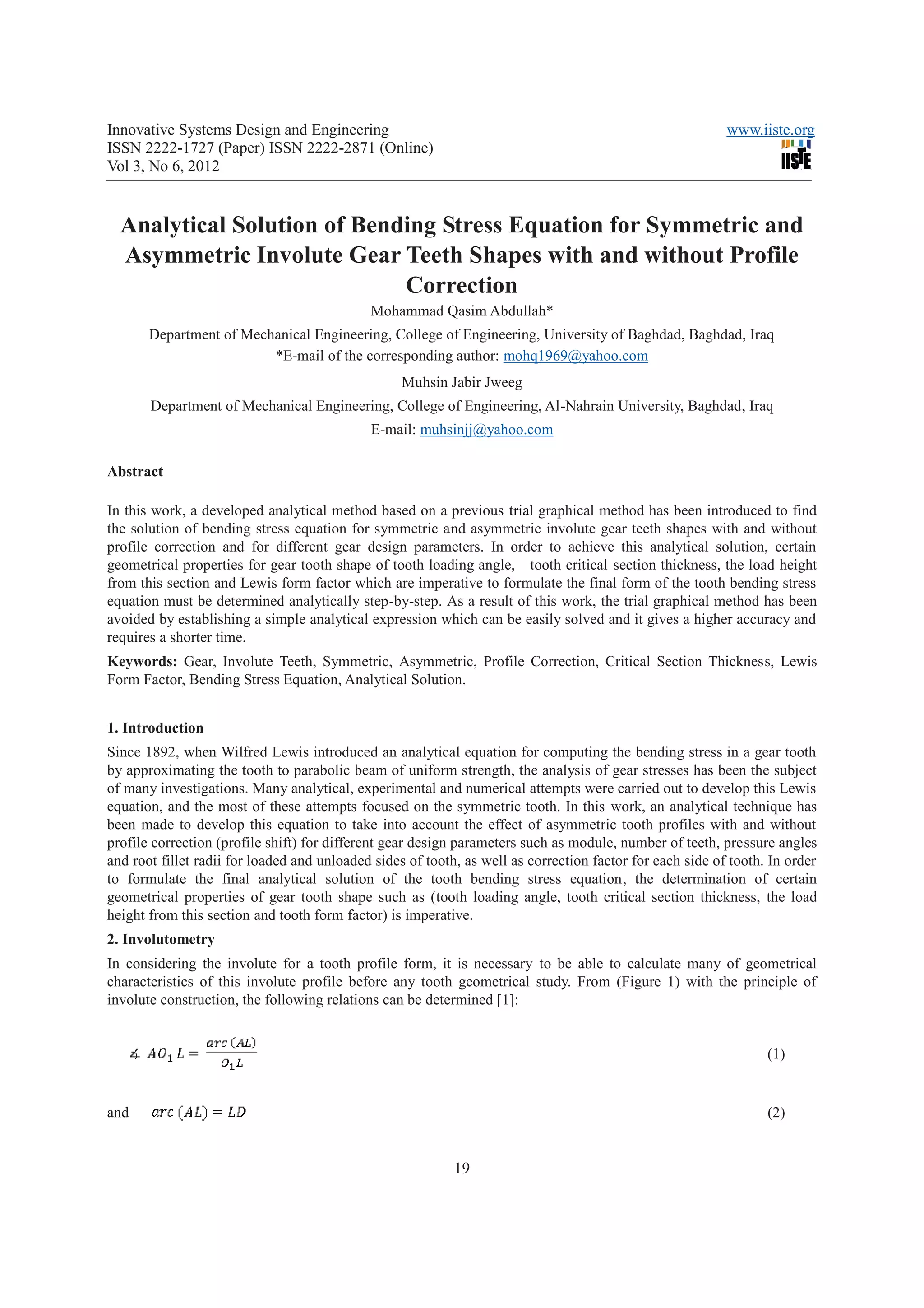 Analytical solution of bending stress equation for symmetric and asymmetric involute gear teeth ...