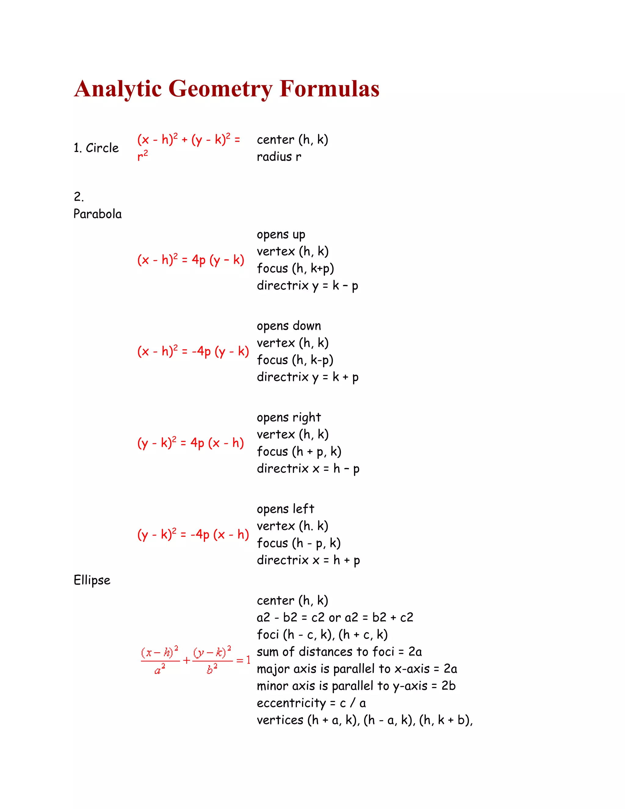 Analytic geometry formulas | DOCX