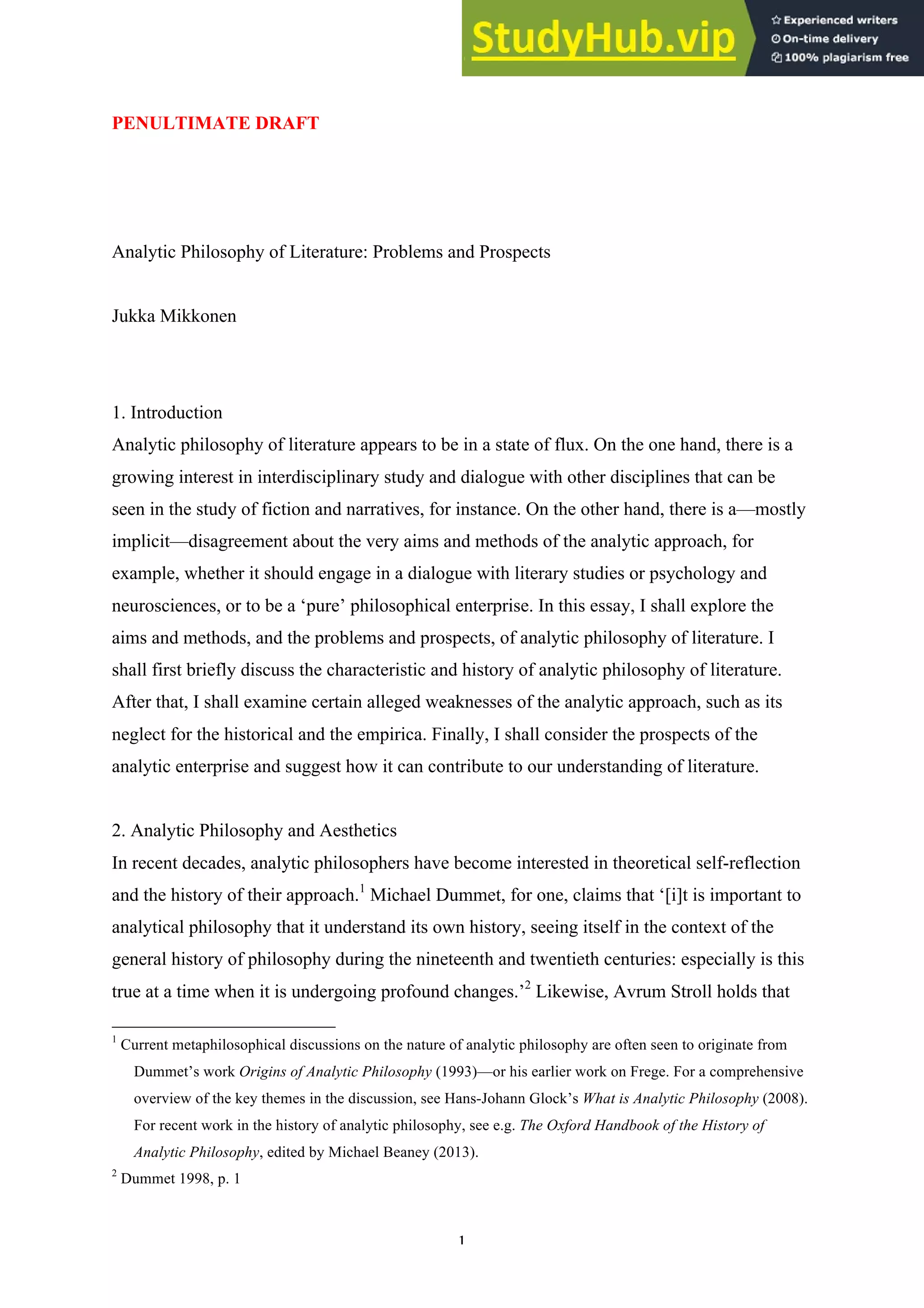 Analytic Philosophy Of Literature Problems And Prospects | PDF