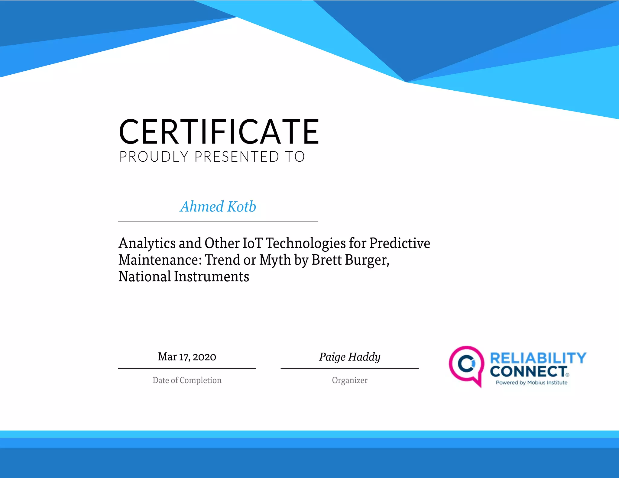 Certificate of Completion: "Analytics and other IOT technologies for ...