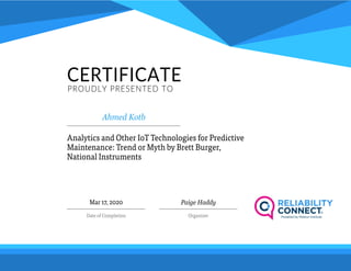 Certificate of Completion: "Analytics and other IOT technologies for predictive maintenance ...