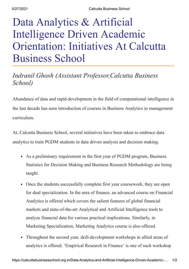 Analytics & Artificial Intelligence Driven Academic Orientation: Initiatives At Calcutta ...