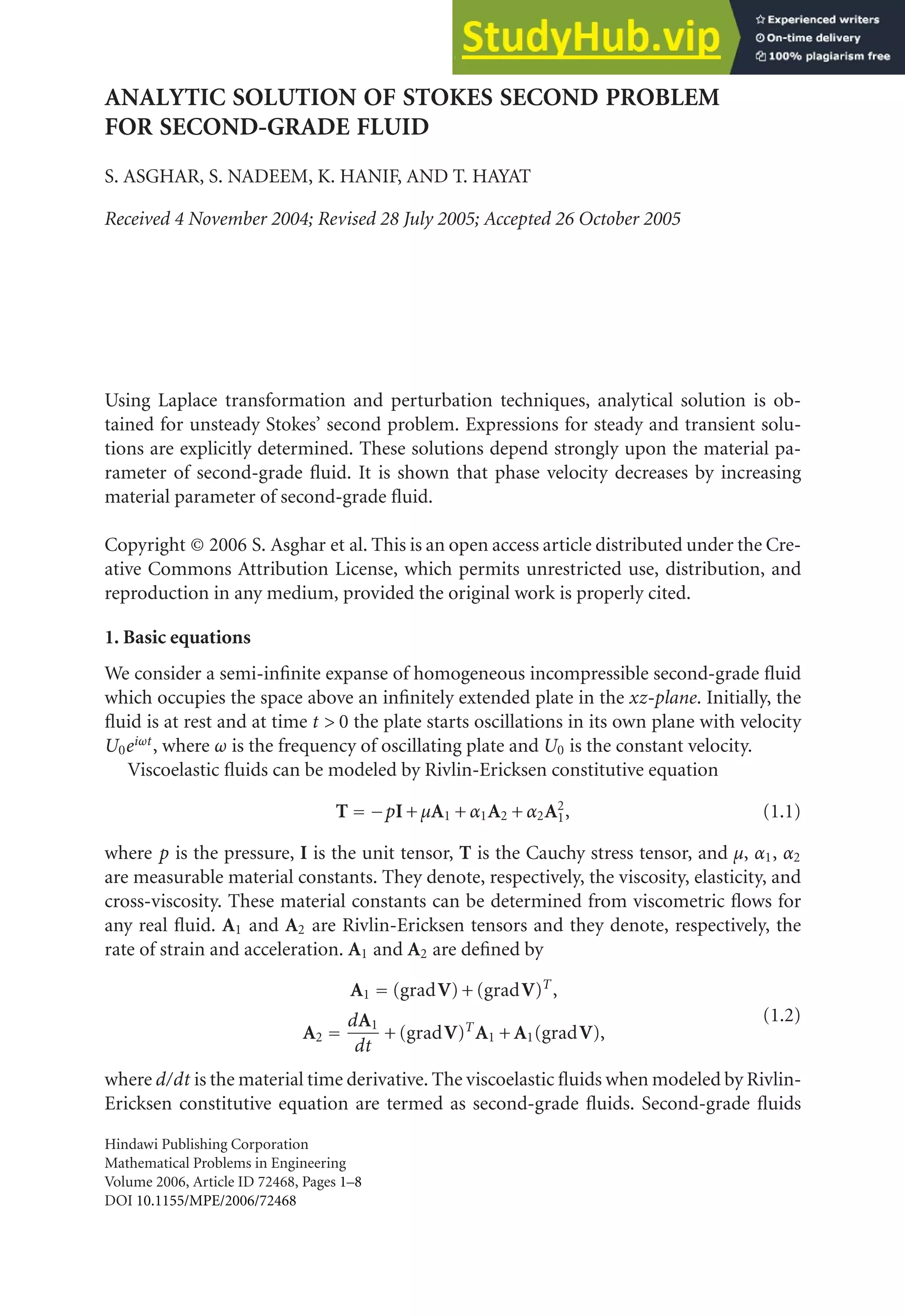 Analytic Solution Of Stokes Second Problem For Second-Grade Fluid | PDF