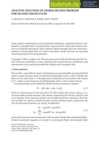 Analytic Solution Of Stokes Second Problem For Second-Grade Fluid | PDF