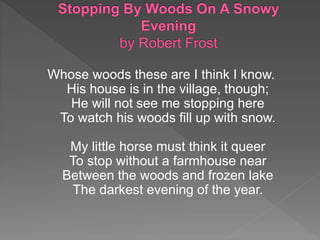 Analysis poem " Stopping by Woods" by Robert Frost | PPTX